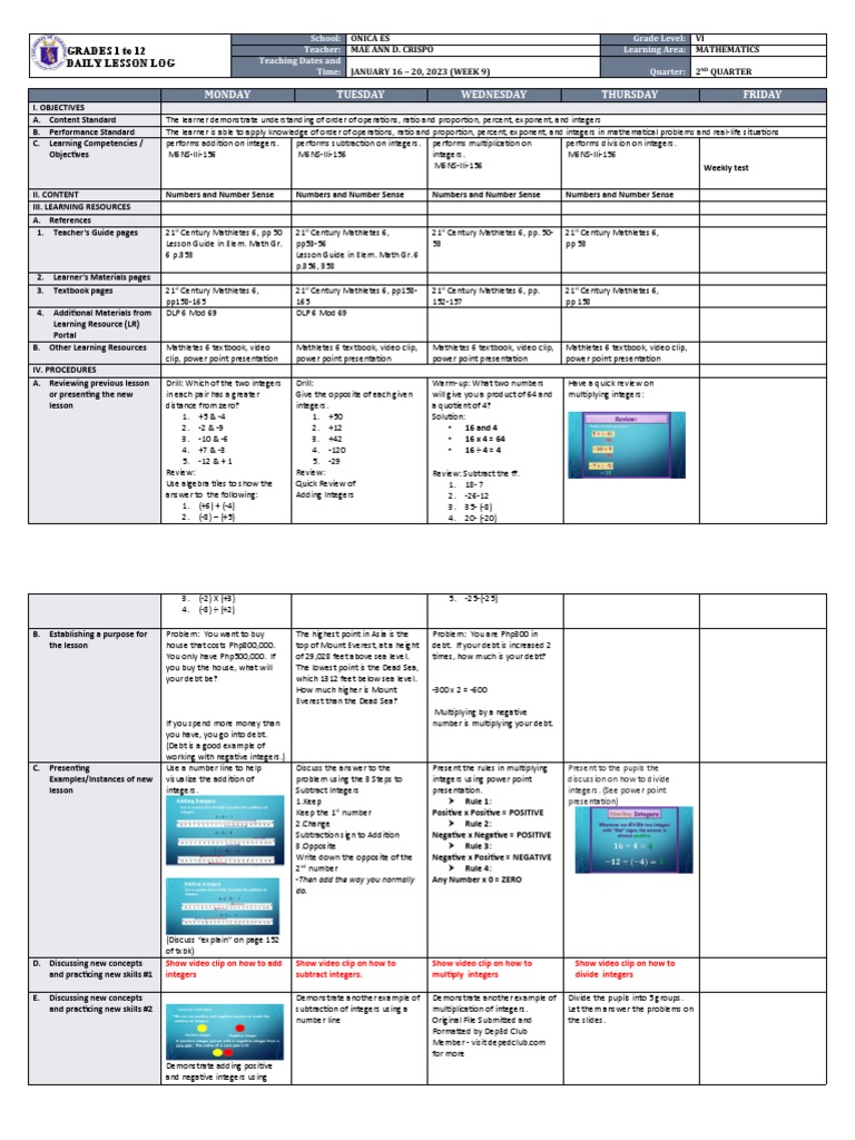 DLL Mathematics 6 q2 w9 | PDF