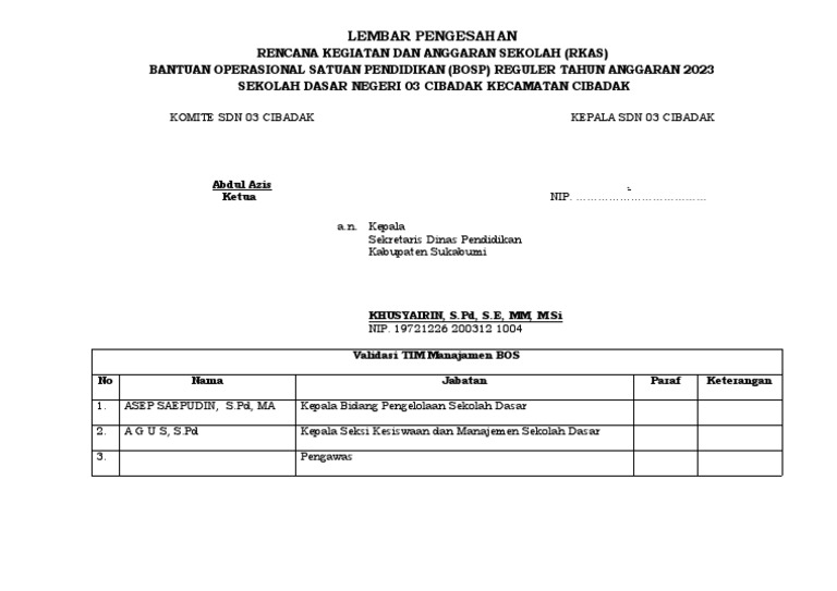 Lembar Pengesahan RKAS 2023 SD | PDF