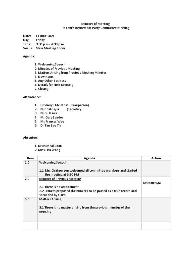 Minutes of Meeting Example | PDF