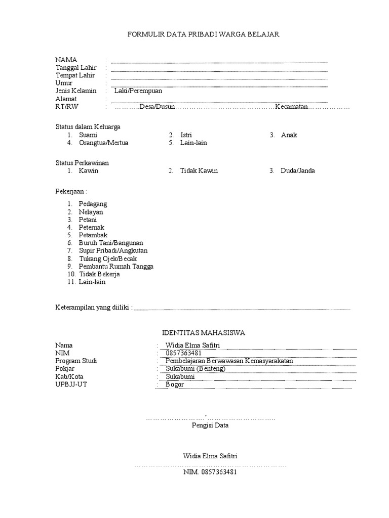 Formulir Data Pribadi Warga Belajar | PDF