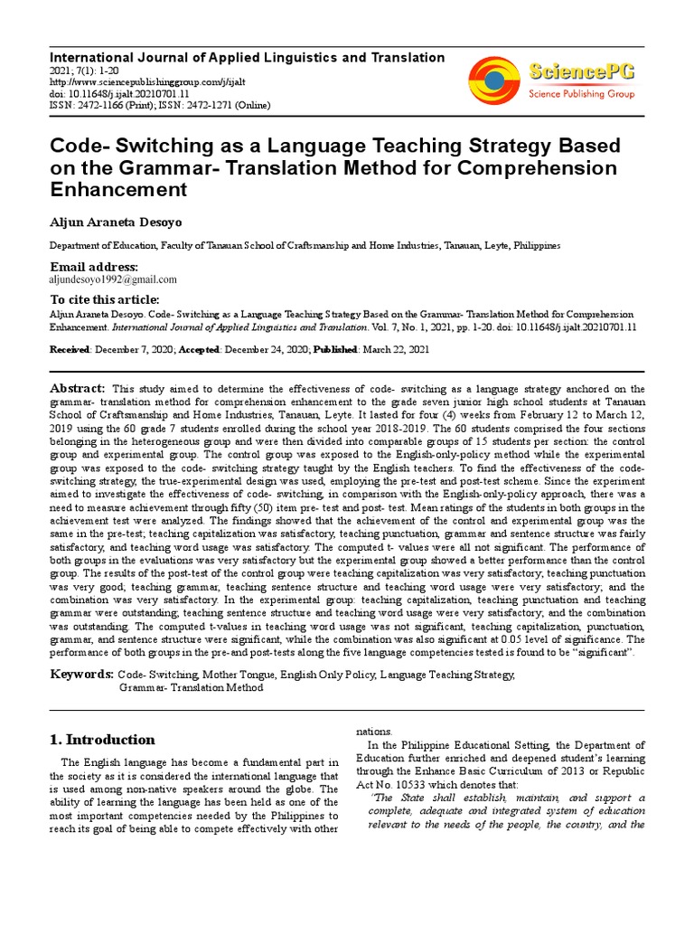 Code-Switching in Language Teaching | PDF | Teaching Method | Language ...