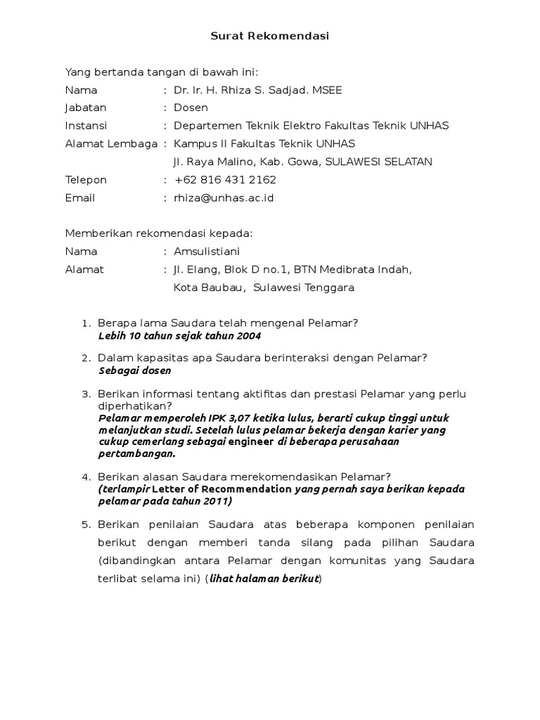 Contoh Rekomendasi - Bs - LPDP - Amsulistiani Di Unhas | PDF