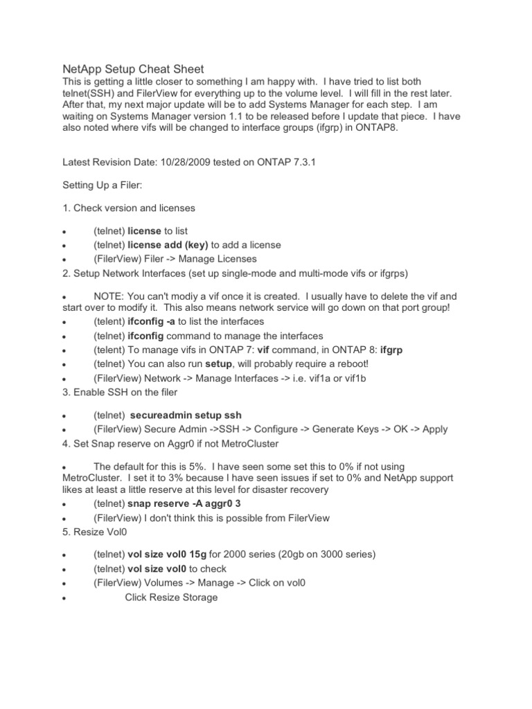 NetApp Setup Cheat Sheet | PDF | Secure Shell | Data Transmission
