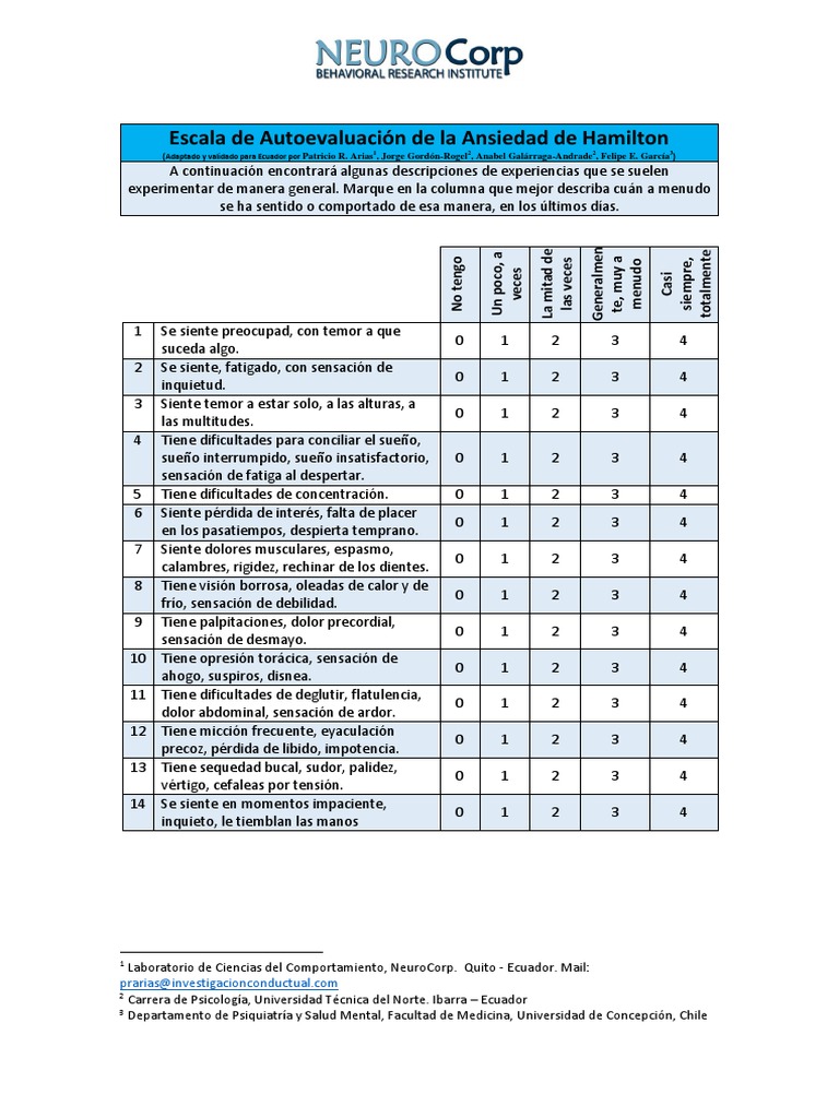 Escala de Autoevaluación de La Ansiedad de Hamilton | PDF | Sicología ...