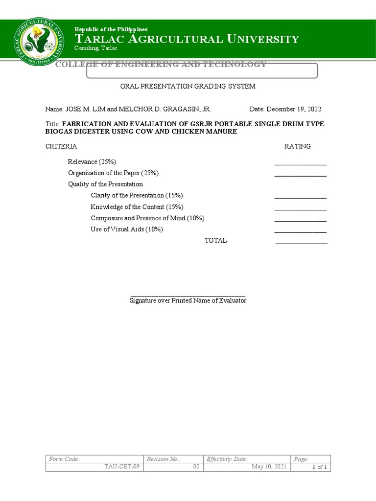TAU CET QF 09 Oral Presentation Grading System | PDF