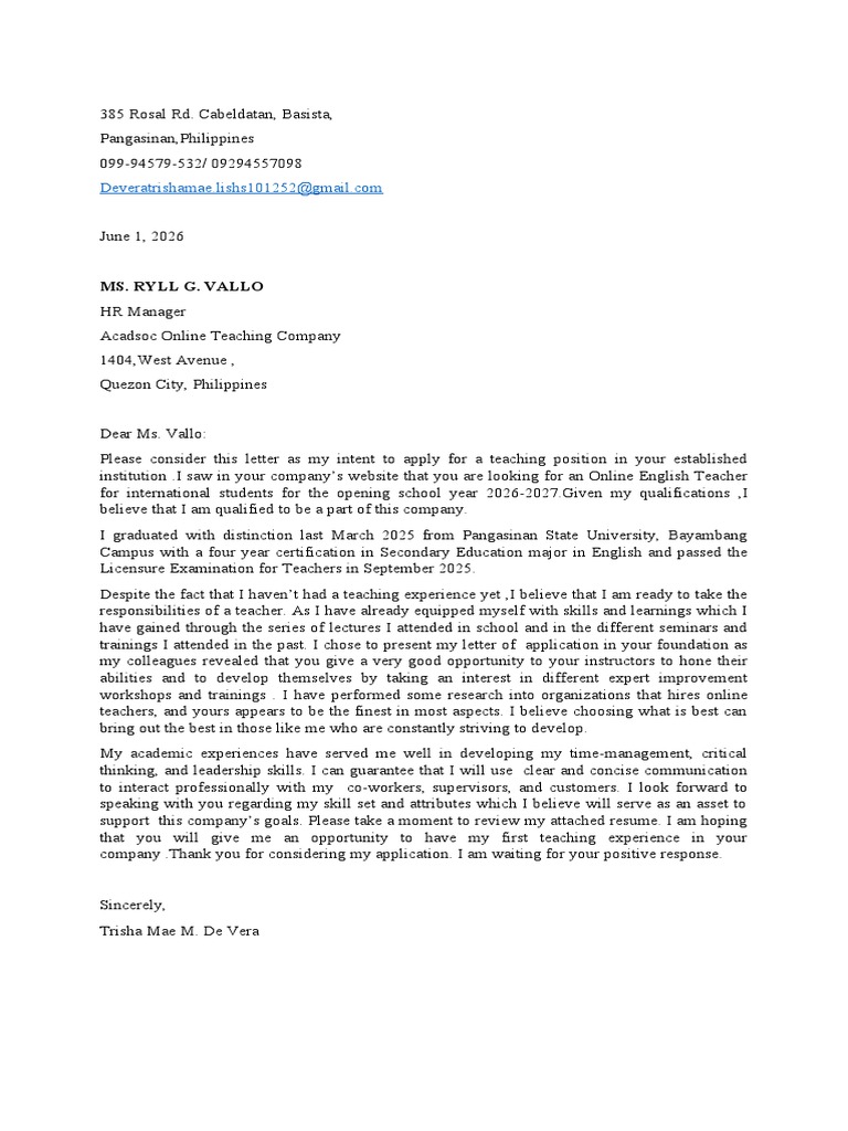 Application Letter (De Vera, Trisha Mae M.) | PDF