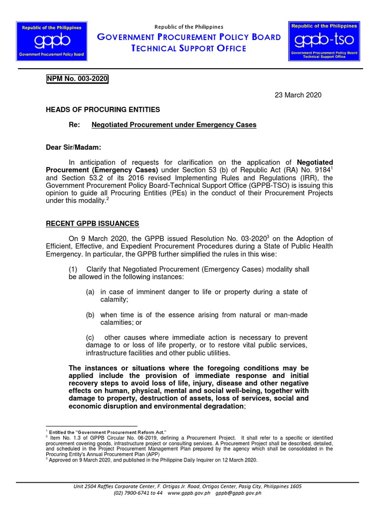 Negotiated Procurement Under Emergency Cases GPPB NPM No. 003-2020 | PDF | Procurement | Emergency
