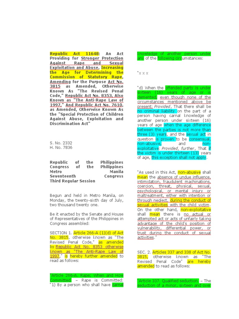 Republic Act 11648 Increasing age of statutory rape | PDF | Sex And The ...