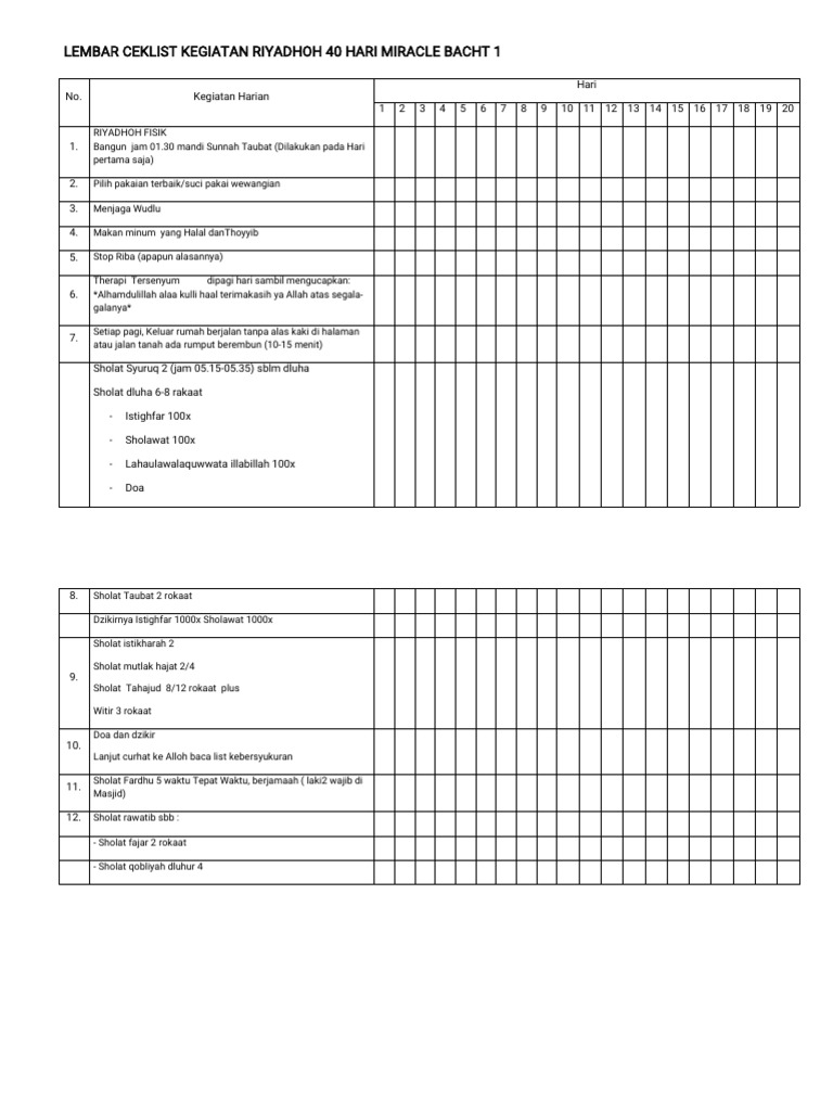 Lembar Ceklist Kegiatan Riyadhoh 40 Hari Miracle Bacht 1 | PDF