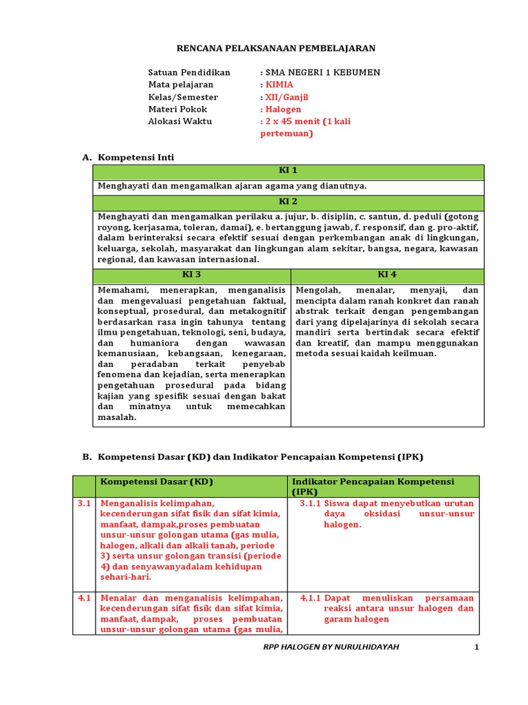 RPP Kimia Halogen Kelas XII Ganjil | PDF