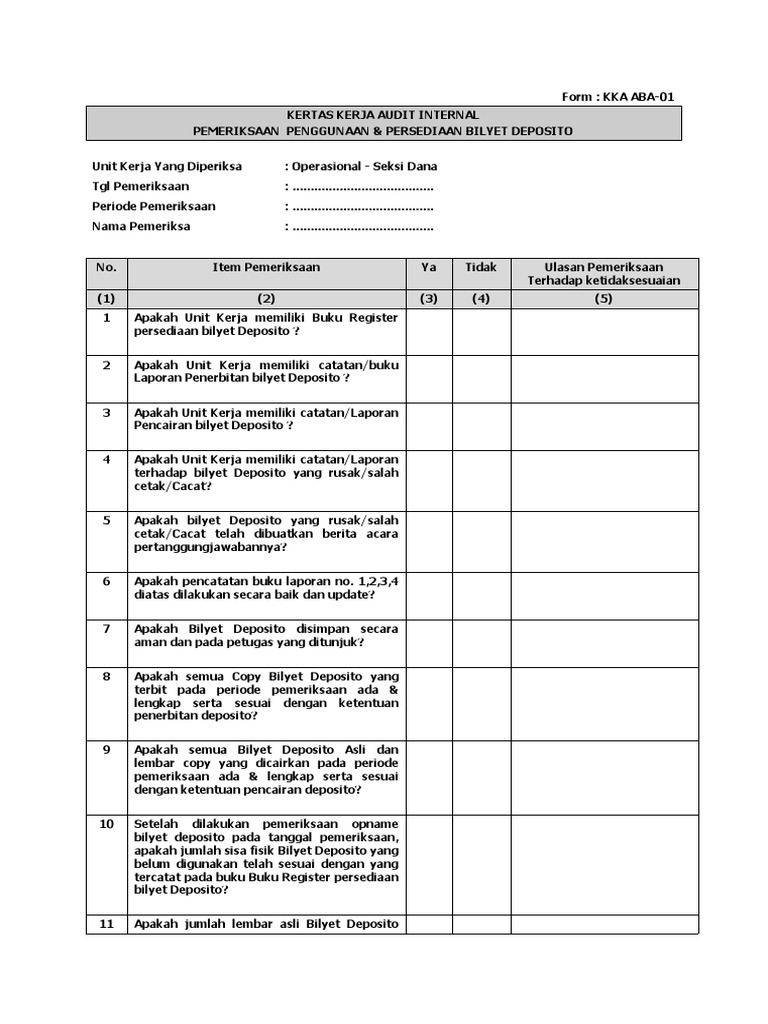 Contoh Kertas Kerja Program Audit - Pemeriksaan Deposito | PDF