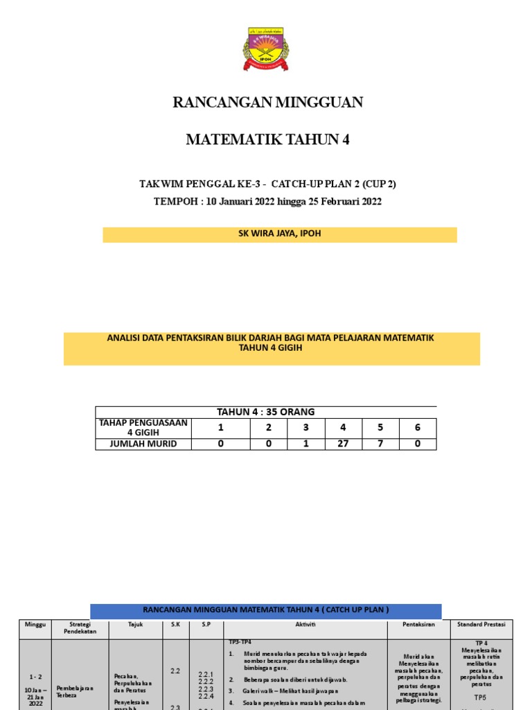 RM Catch Up Plan Maths Tahun 4 | PDF