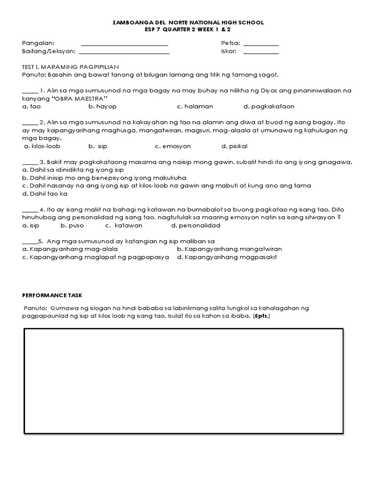 Esp 7 Q2 Assessment Week 1 2 1 | PDF