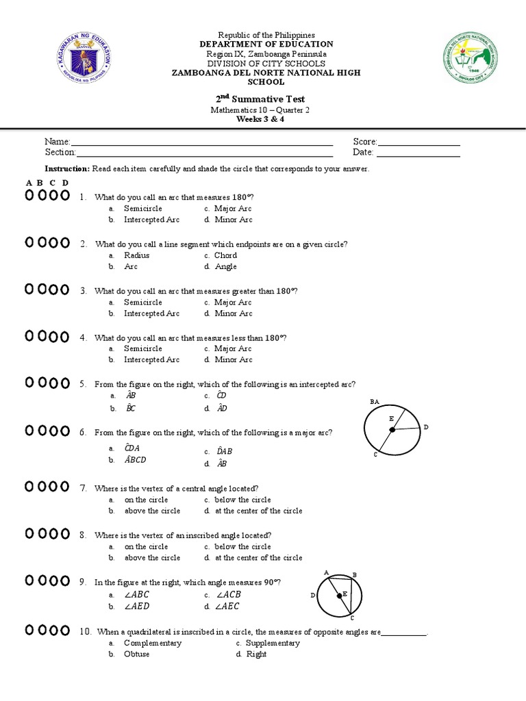 Math10 - Q2 - Summative and Performance 2 | PDF | Circle | Angle