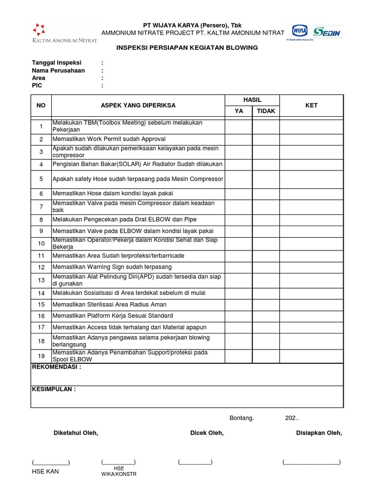 Form Inspeksi Kegiatan Blowing | PDF