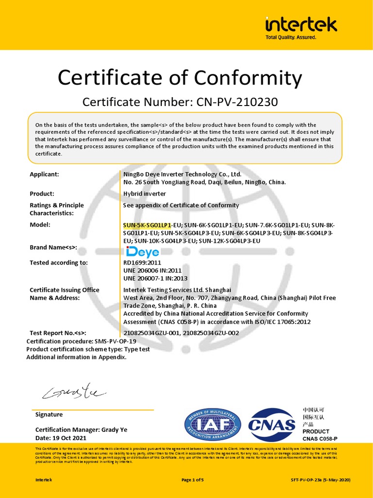 (F) DEYE Hybrid Certifications | PDF | Electric Power | Electricity