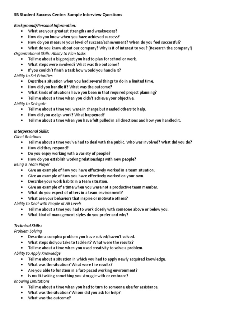 SB Sample Interview Questions | Download Free PDF | Learning | Leadership