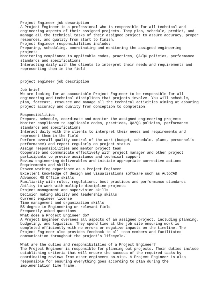 Project Engineer Job Description | PDF | Quality Assurance | Engineer