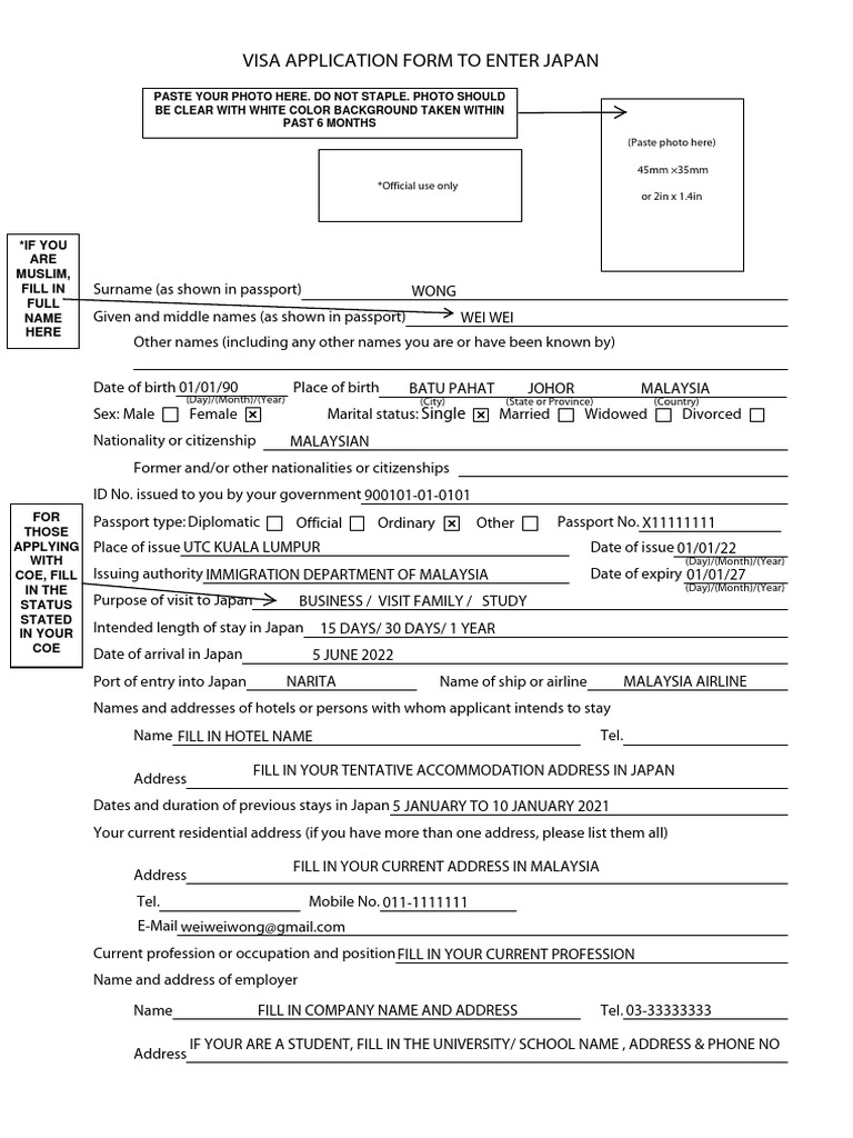 Japan Visa Application Form Sample | PDF | Travel Visa | Passport