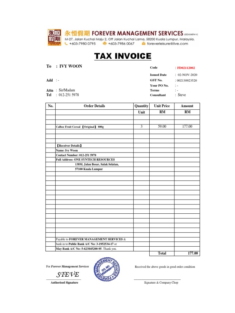 (INVOICE 2) Ivy Woon (Cereal) | PDF
