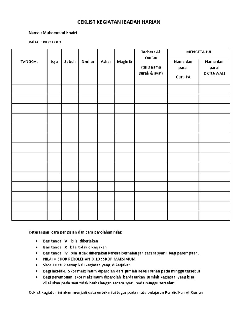 Ceklist Ibadah Harian Siswa | PDF