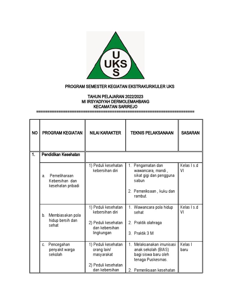 Program Semester Kegiatan Ekstrakurikuler Uks | PDF