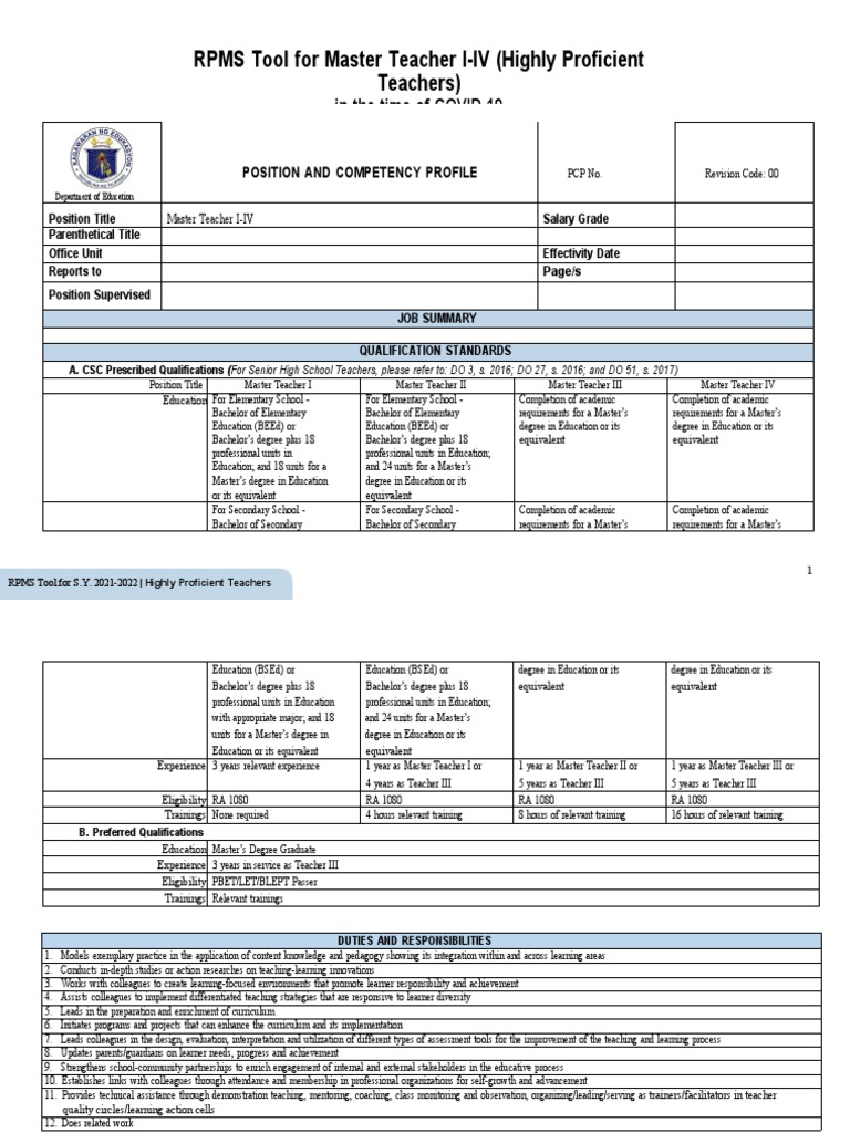 (Appendix 1B) RPMS Tool For Highly Proficient Teachers SY 2021-2022 in The Time of COVID-19 ...
