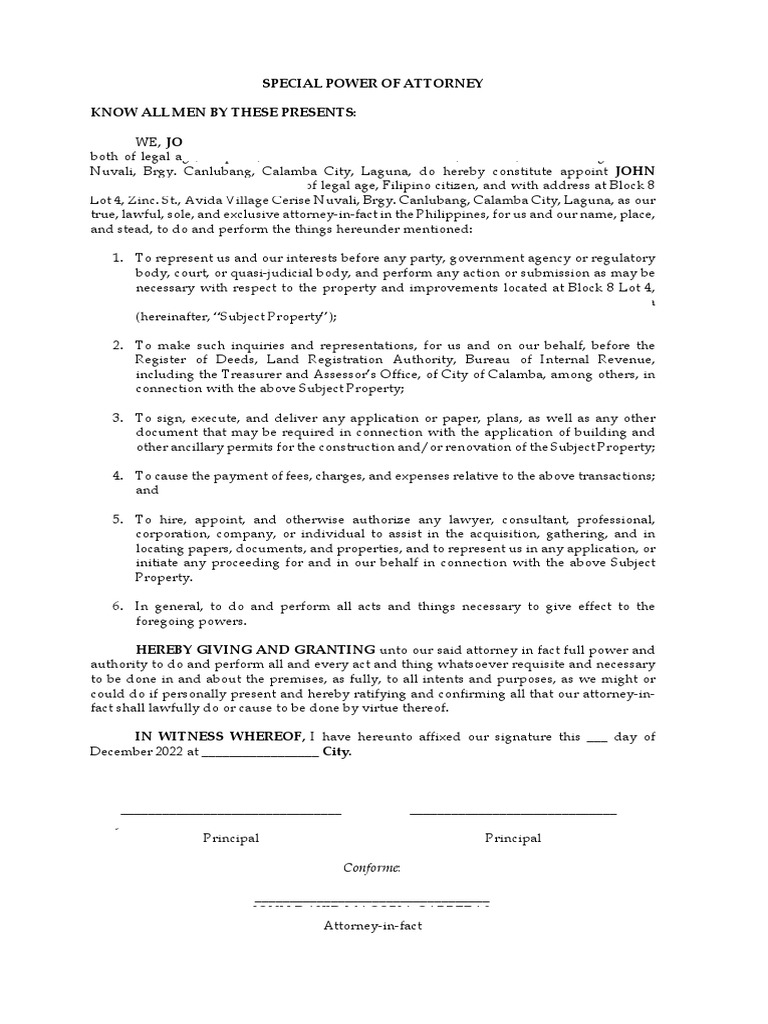 Special Power of Attorney - Sample | PDF | Power Of Attorney | Identity ...