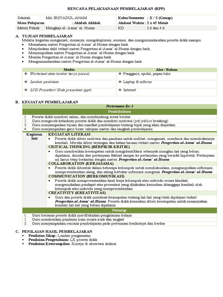 RPP Akidah Akhlak Kelas 10 Semester 2 | PDF