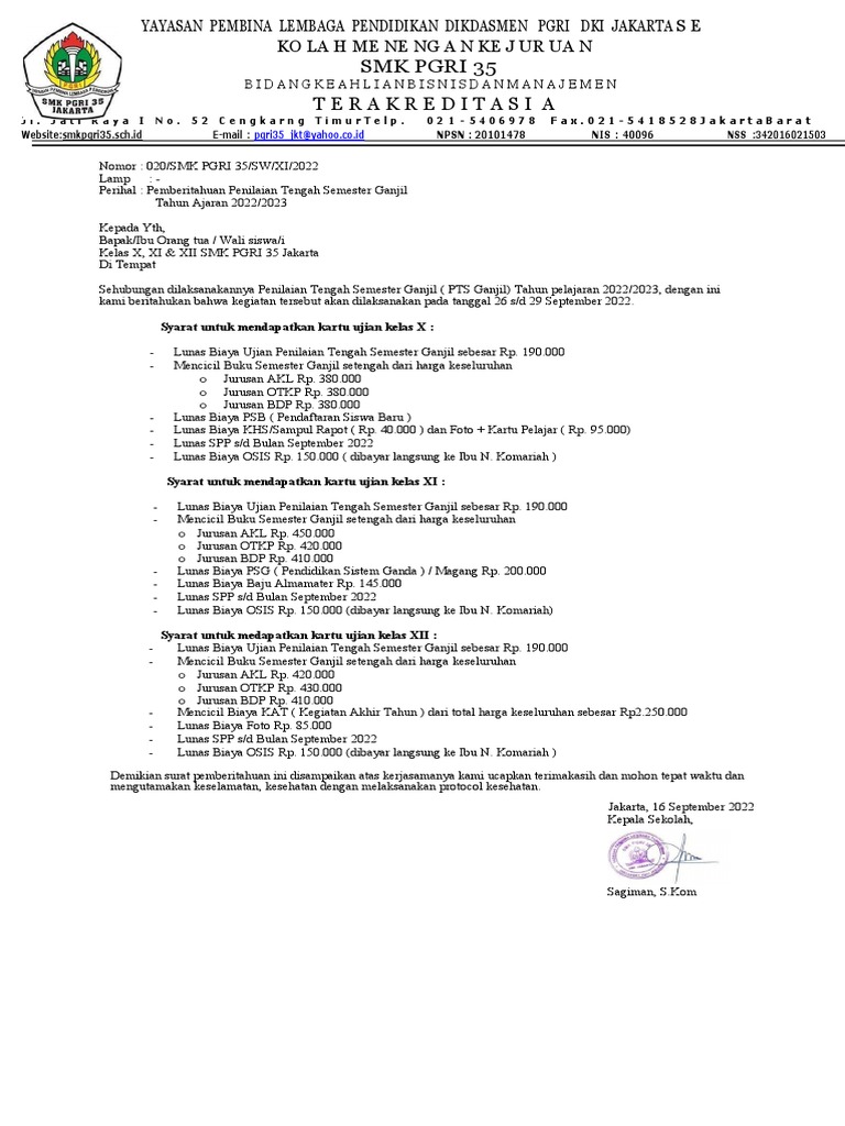 Surat Edaran Pemberitahuan PTS GANJIL 2022-2023 | PDF