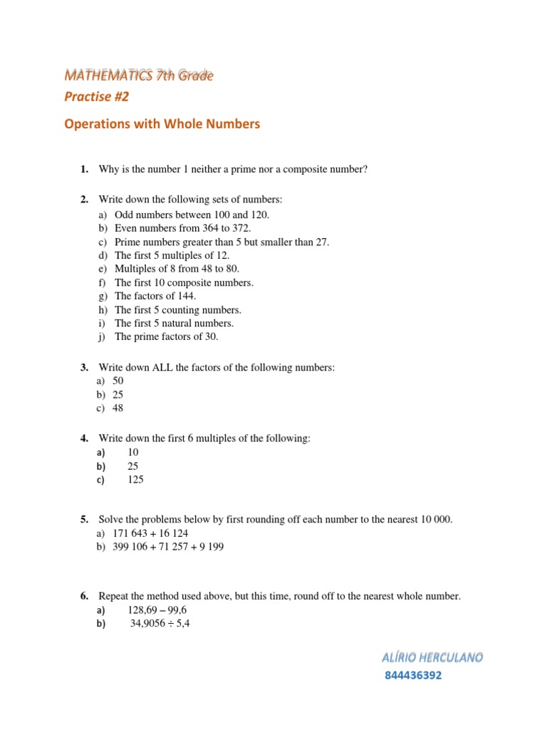 MATHEMATICS 7th GradePractise#2 | Download Free PDF | Numbers | Prime ...