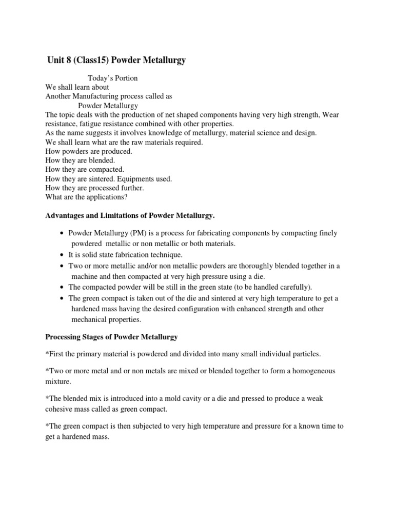 Mechanical Engineering Manufacturing-Process Powder-Metallurgy Notes | PDF
