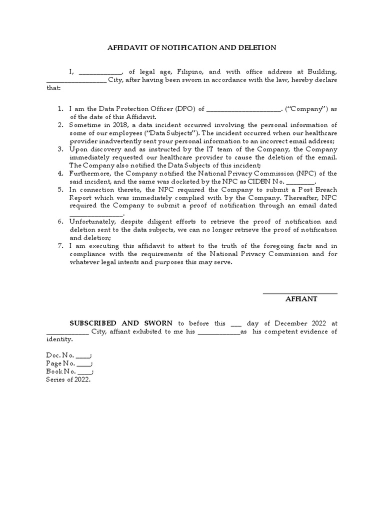Affidavit of Notification and Deletionsample | PDF