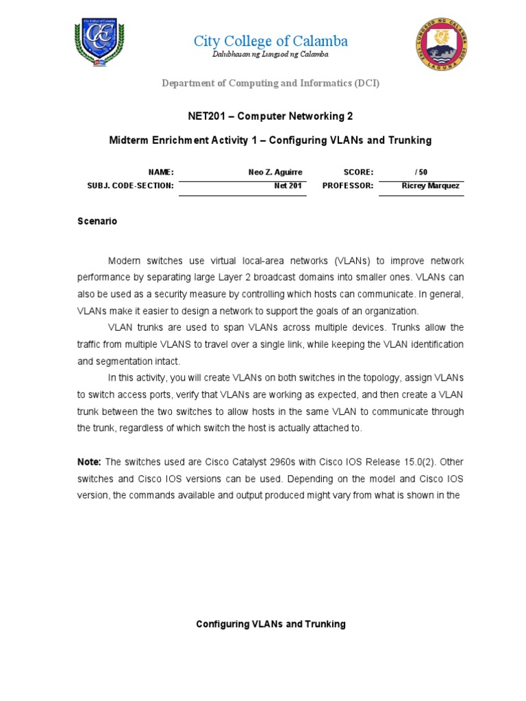 City College of Calamba: Net201 - Computer Networking 2 Midterm Enrichment Activity 1 ...