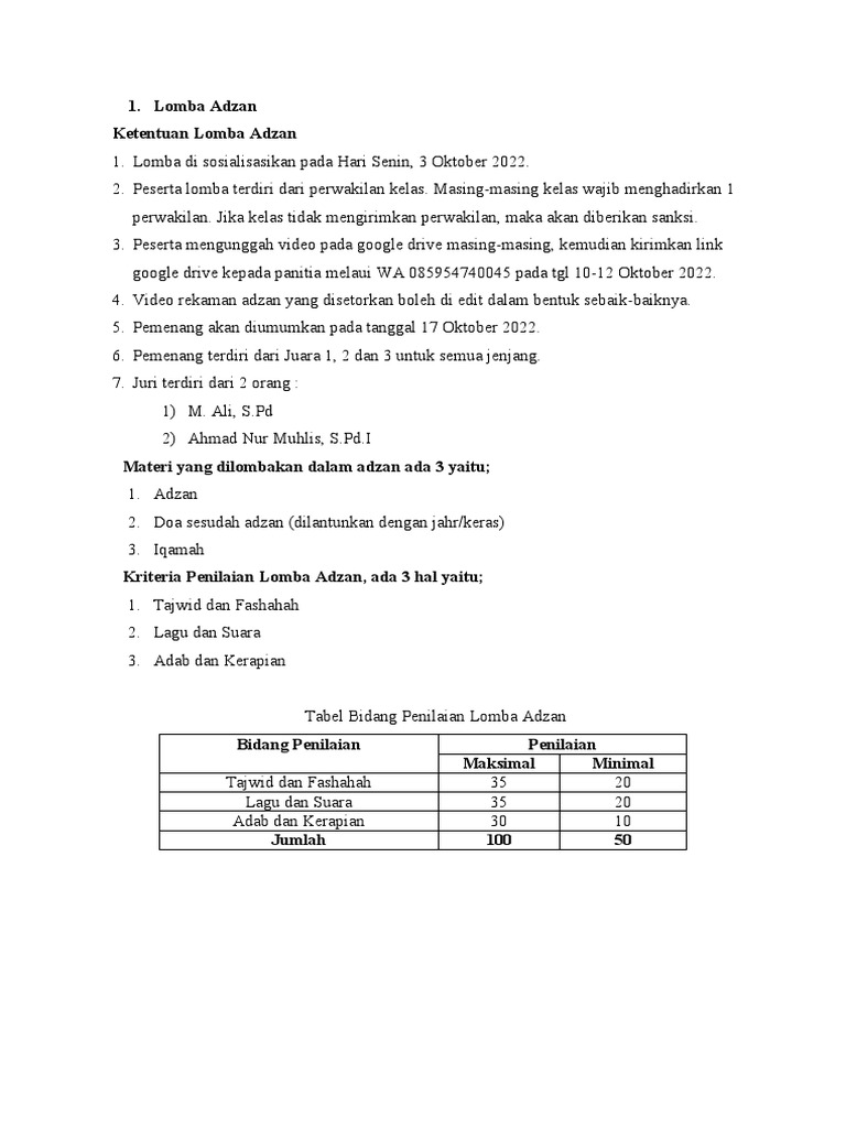 Kriteria Lomba Adzan-1 | PDF