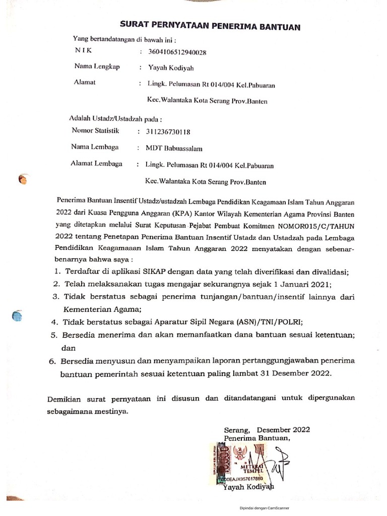 Surat Pernyataan Penerima Bantuan | PDF Surat Pernyataan Penerima Bantuan | PDF