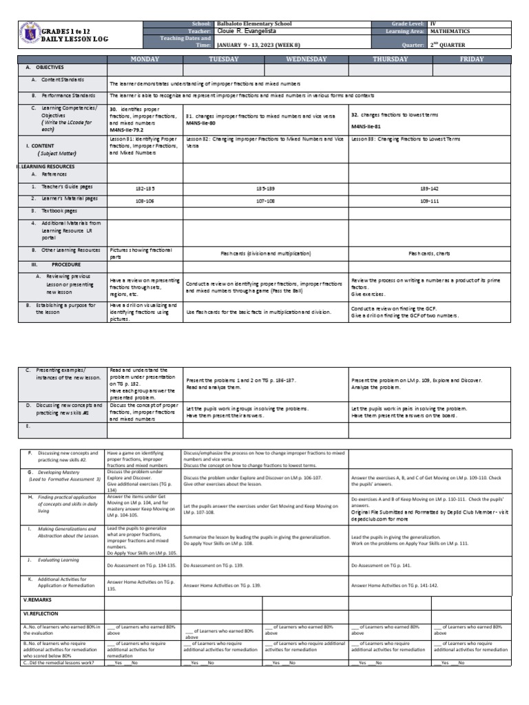 DLL - Mathematics 4 - Q2 - W5 | PDF | Learning | Teachers