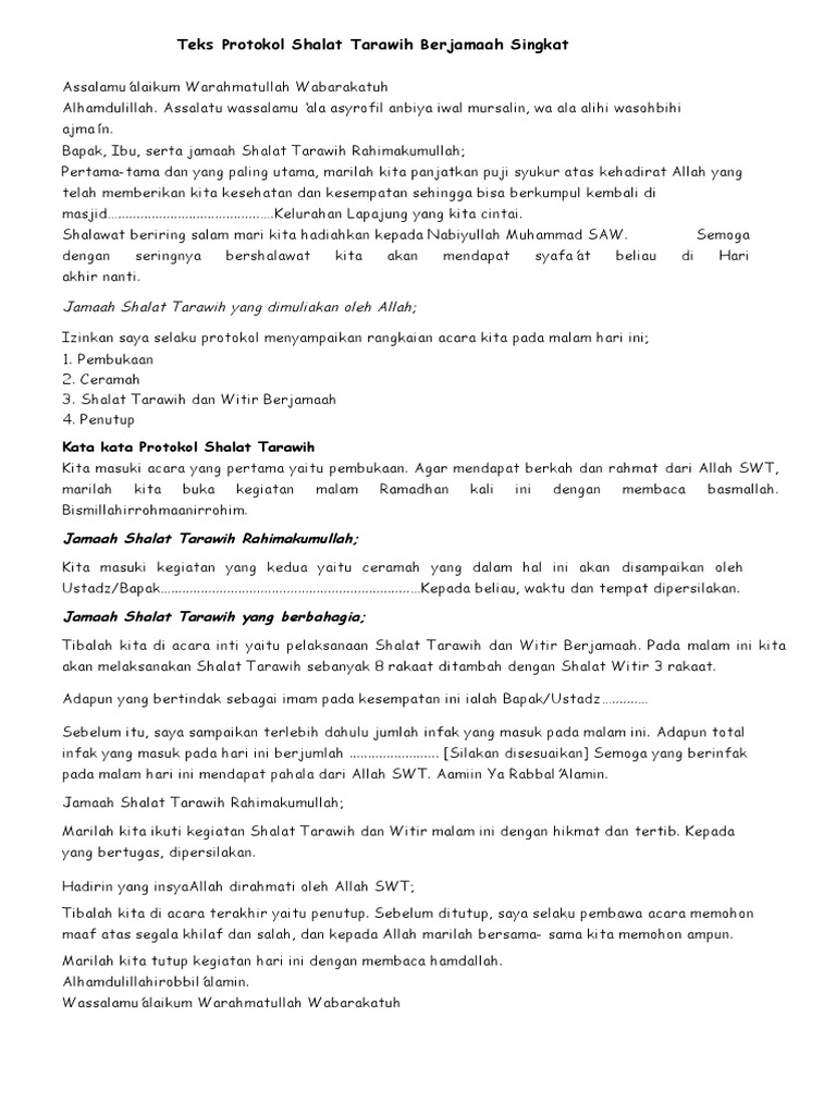 Teks Protokol Shalat Tarawih Berjamaah Singkat | PDF