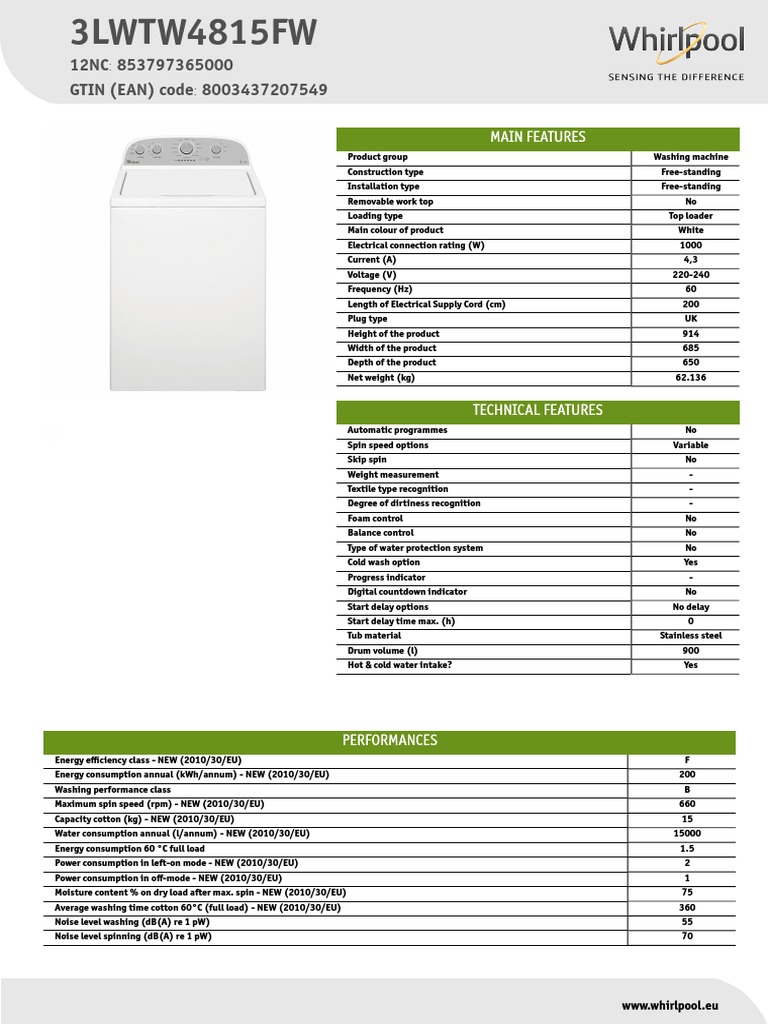 Whirlpool Washer Catalogue 4815 | PDF | Washing Machine | Electrical ...