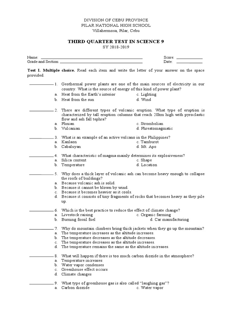 3rd Quarter Test Science9 | PDF | Atmosphere Of Earth | Greenhouse Gas