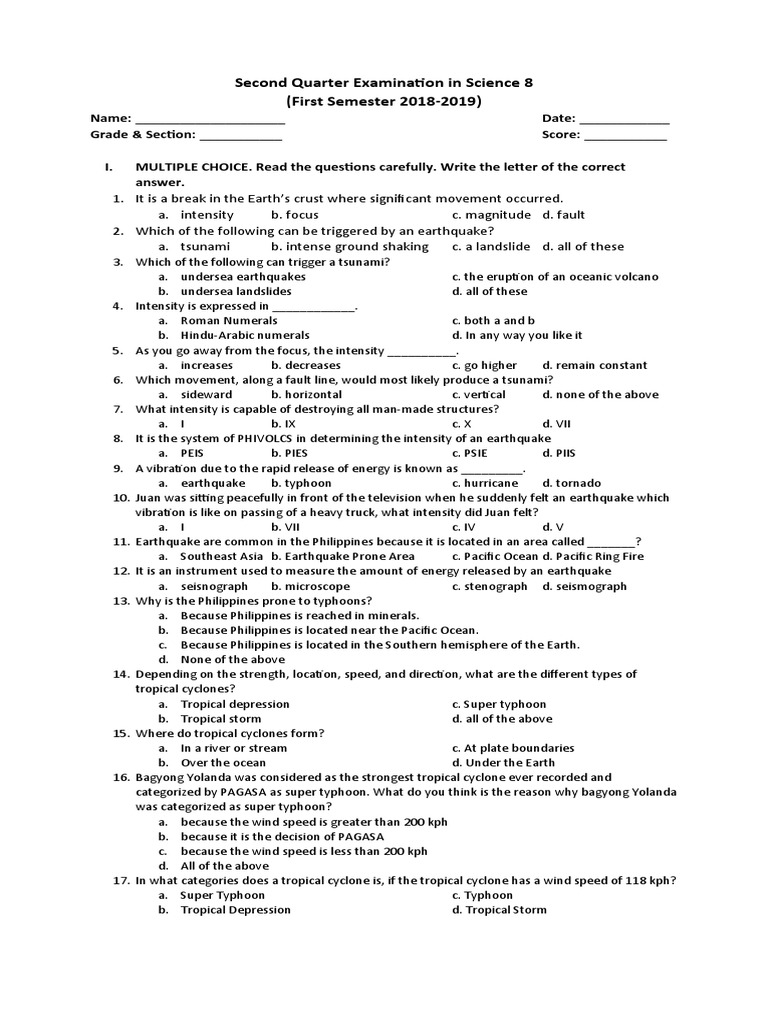 Second Quarter Examination in Science 8 | PDF | Meteoroid | Tropical Cyclones