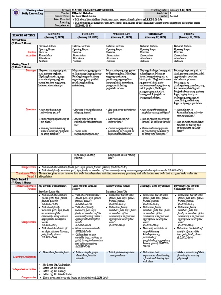 Kindergarten-DLL-MELC-Q2-Week 8 | PDF