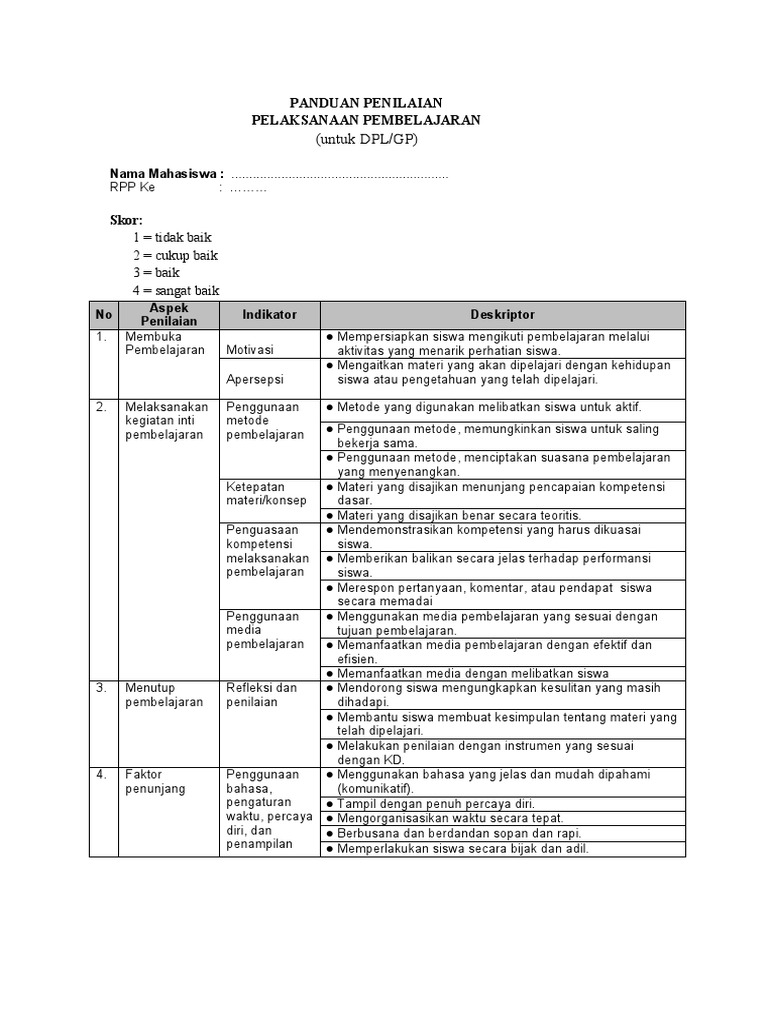 Lampiran 12 - Contoh Panduan Penilaian Pelaksanaan Pembelajaran Oleh DPL Dan GP | PDF