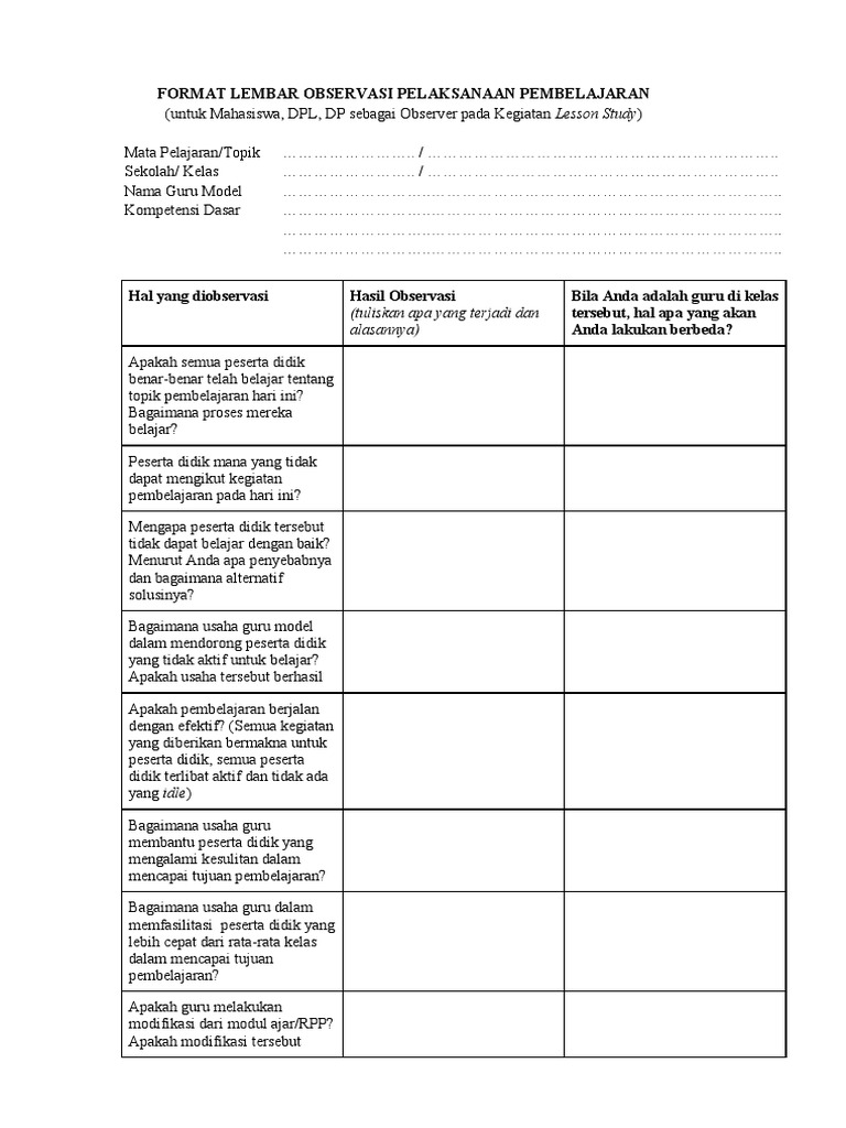 Lampiran 3 - Format Lembar Observasi Pelaksanaan Pembelajaran Untuk Observer | PDF