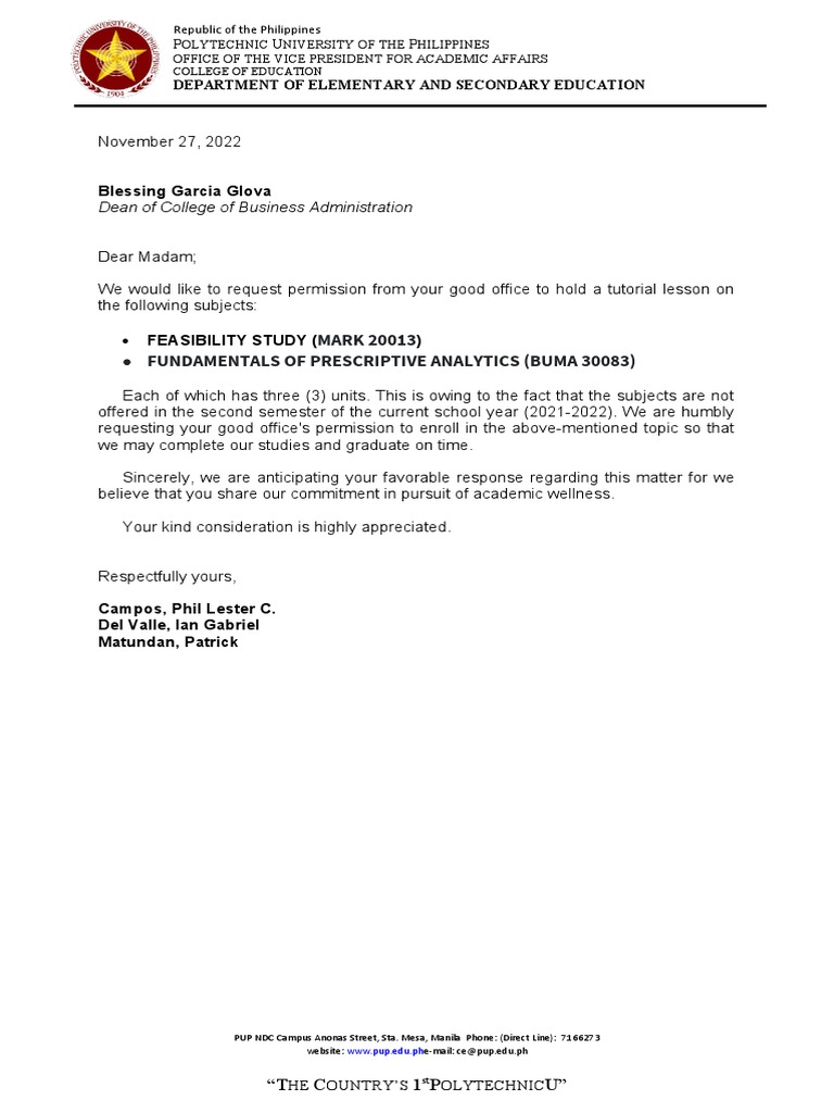 Letter of Request (Tutorial Classes) | PDF