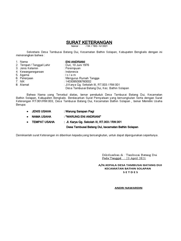 Surat Ket. Usaha - (Sku) | PDF
