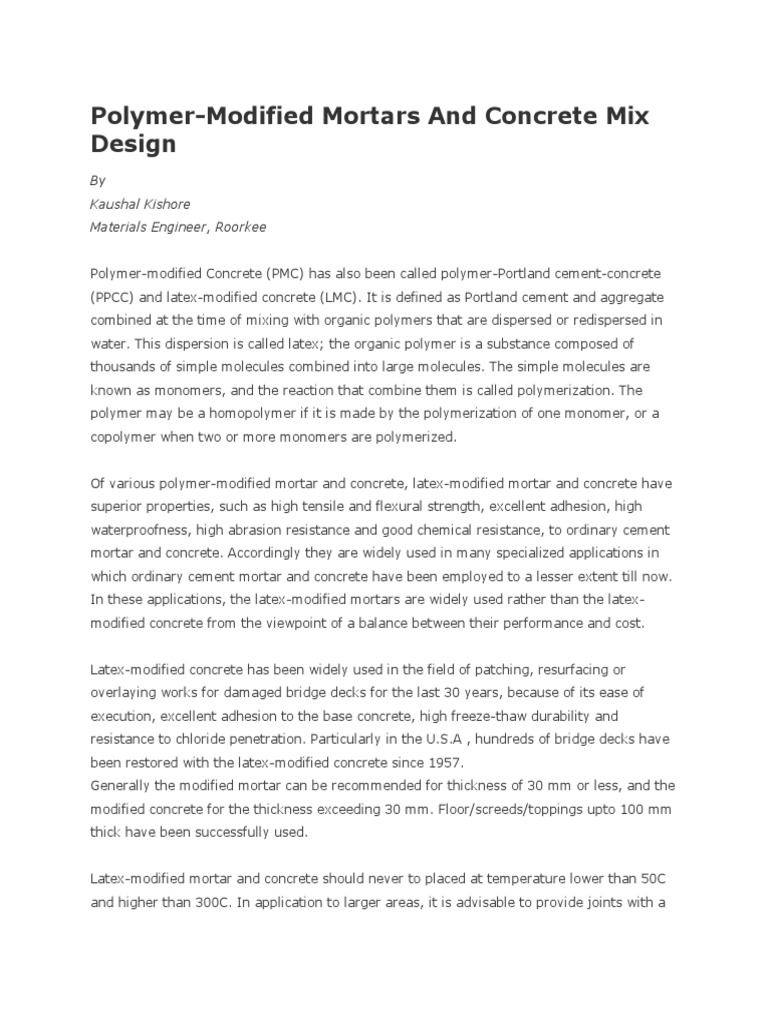 Polymer-Modified Mortar Mix Design Guide | PDF | Concrete | Cement