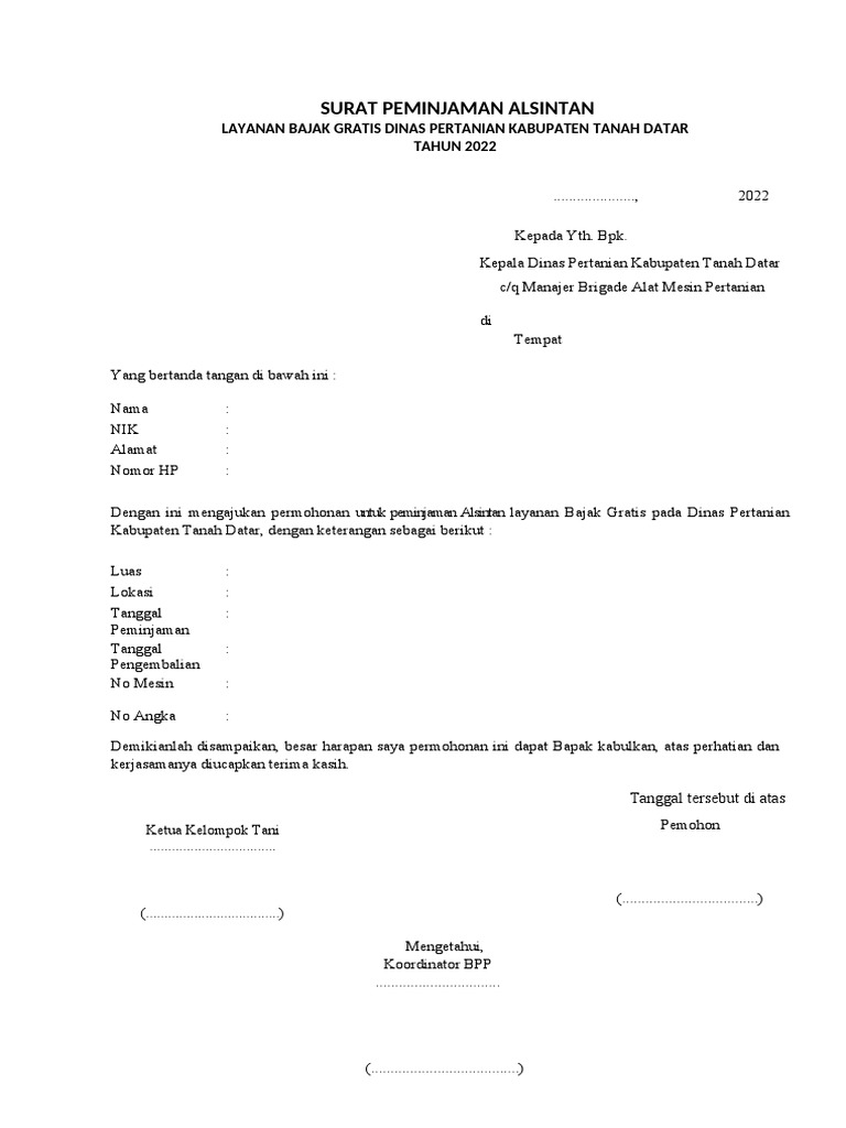 Surat Permohonan Peminjaman Alsintan | PDF