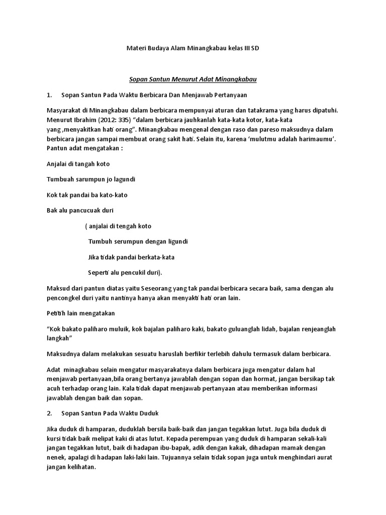 Materi Budaya Alam Minangkabau Kelas III SD | PDF