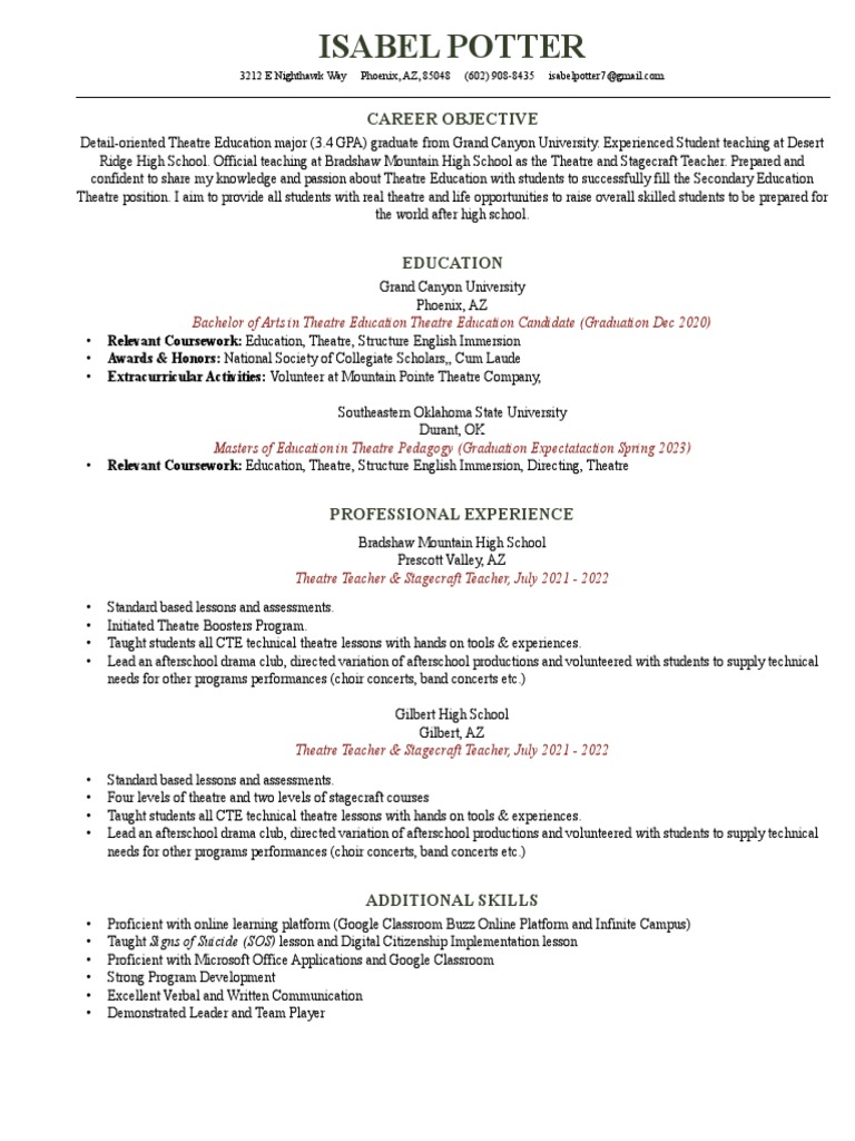 Isabel Potter Resume 2023 5313 | PDF | Teachers | Learning